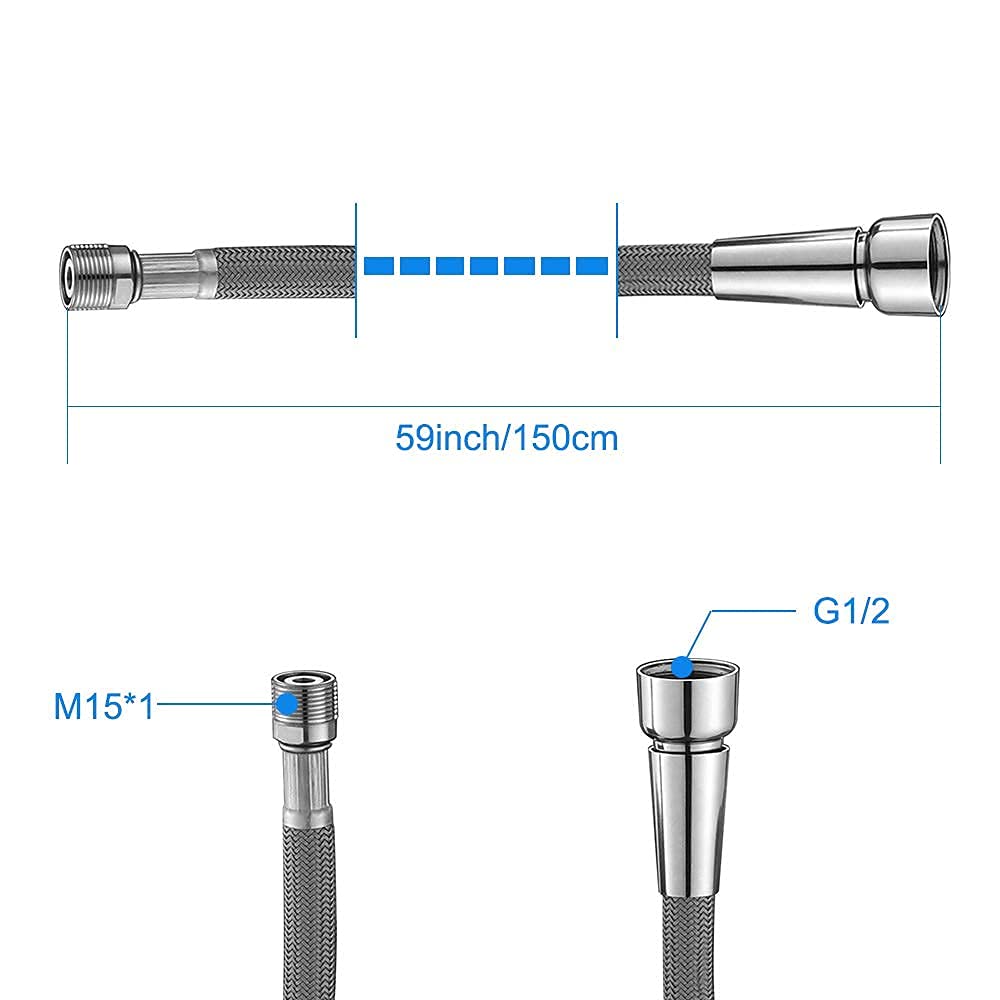 Bainser Pull Out Faucet Hose Replacement, M15 x G1/2 x 150cm, Pull Down Faucet Sprayer Hose, Anti-entanglement, Nylon Gray - Non Universal