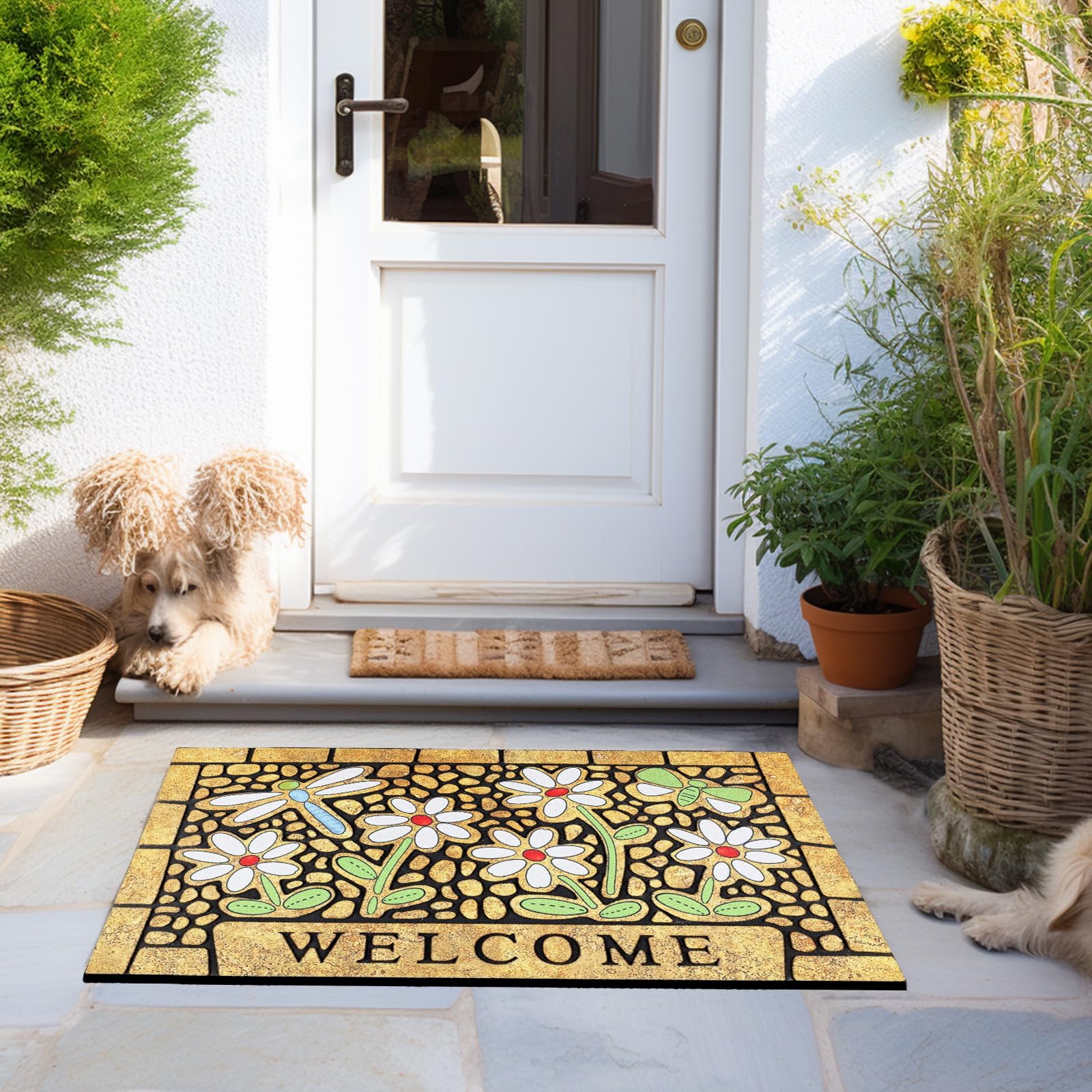 CHICHIC Door Mat, Welcome Mat 17x 30 Inch Front Door Mat Outdoors for Home Entrance Outdoors Mat for Outside Entry Way Doormat Entry Rugs, Heavy Duty Non Slip Rubber Back Low Profile, Dragonfly