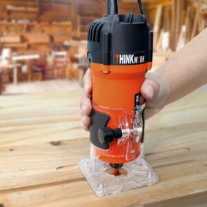 THINKWORK Compact Router, 6.5-Amp 1.25 HP Compact Wood Palm Router, Wood Trimmer with 15 pieces 1/4" Router Bits Set, 30000R/MIN