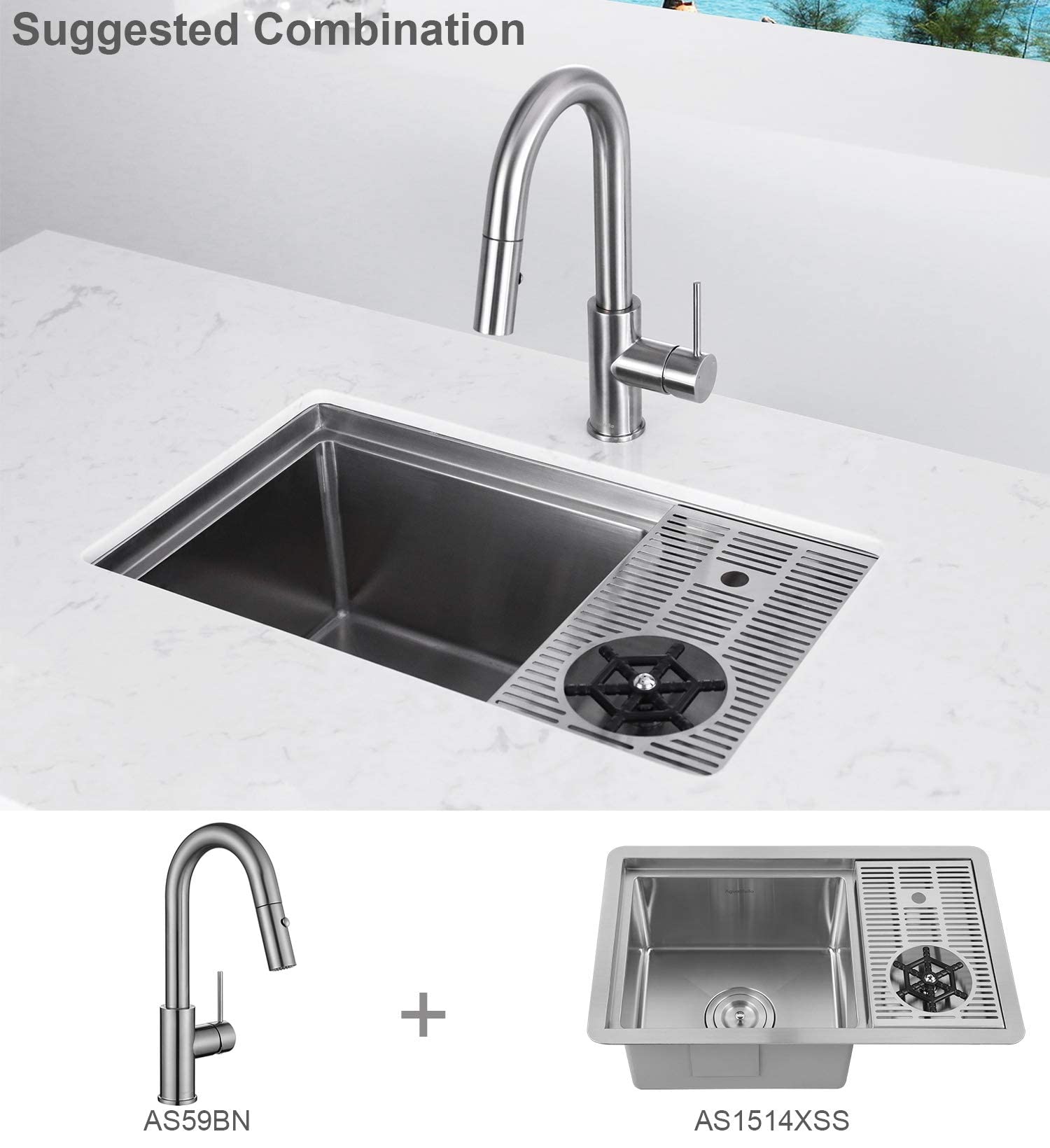 AguaStella AS1514XSS Bar Sink with Glass Rinser Stainless Steel Undermount Prep Kitchen Sink 23-1/4 x 14 Inches Single Bowl