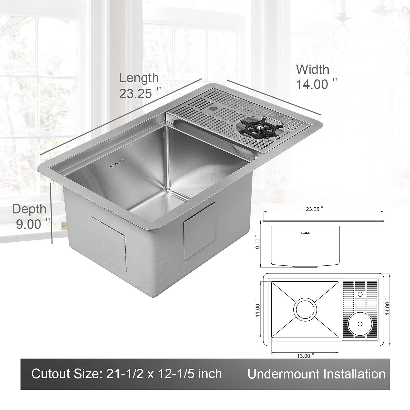 AguaStella AS1514XSS Bar Sink with Glass Rinser Stainless Steel Undermount Prep Kitchen Sink 23-1/4 x 14 Inches Single Bowl