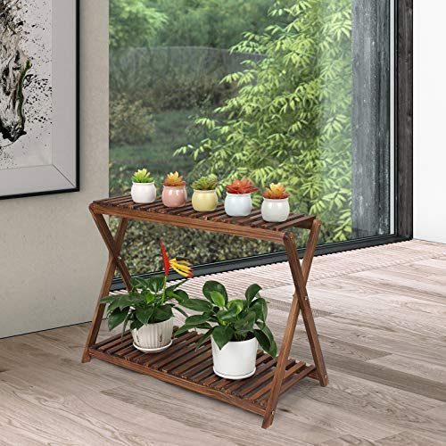 Tovacu Wood Plant Stand Indoor Outdoor 2 Tiers Flower Stand Corner Stepped Planter Shelf Rack Flowerpot Holder for Plant Display in Patio Balcony Entryway Porch Livingroom (Classic X-Cross Design)