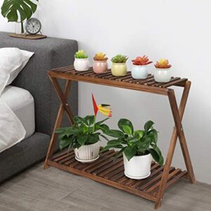 Tovacu Wood Plant Stand Indoor Outdoor 2 Tiers Flower Stand Corner Stepped Planter Shelf Rack Flowerpot Holder for Plant Display in Patio Balcony Entryway Porch Livingroom (Classic X-Cross Design)