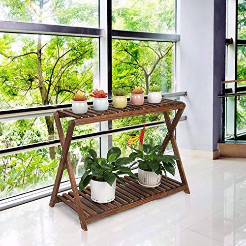 Tovacu Wood Plant Stand Indoor Outdoor 2 Tiers Flower Stand Corner Stepped Planter Shelf Rack Flowerpot Holder for Plant Display in Patio Balcony Entryway Porch Livingroom (Classic X-Cross Design)