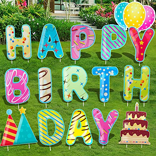 16PC Happy Birthday Yard Sign 15" Large Birthday Party Decorations Yard Stakes Lawn Signs Outdoor Decal Yard Signs for Birthday Yard Lawn Party Supplies Alphabets Balloons Cake Waterproof Party Decals