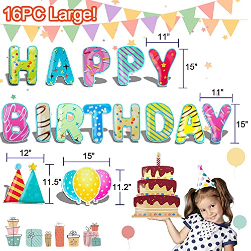 16PC Happy Birthday Yard Sign 15" Large Birthday Party Decorations Yard Stakes Lawn Signs Outdoor Decal Yard Signs for Birthday Yard Lawn Party Supplies Alphabets Balloons Cake Waterproof Party Decals