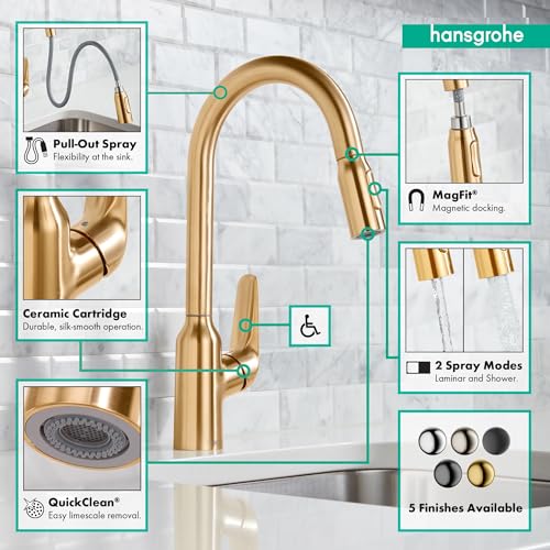 hansgrohe Focus N Gold High Arc Kitchen Faucet, Kitchen Faucets with Pull Down Sprayer, Faucet for Kitchen Sink, Brushed Gold Optic 71800251