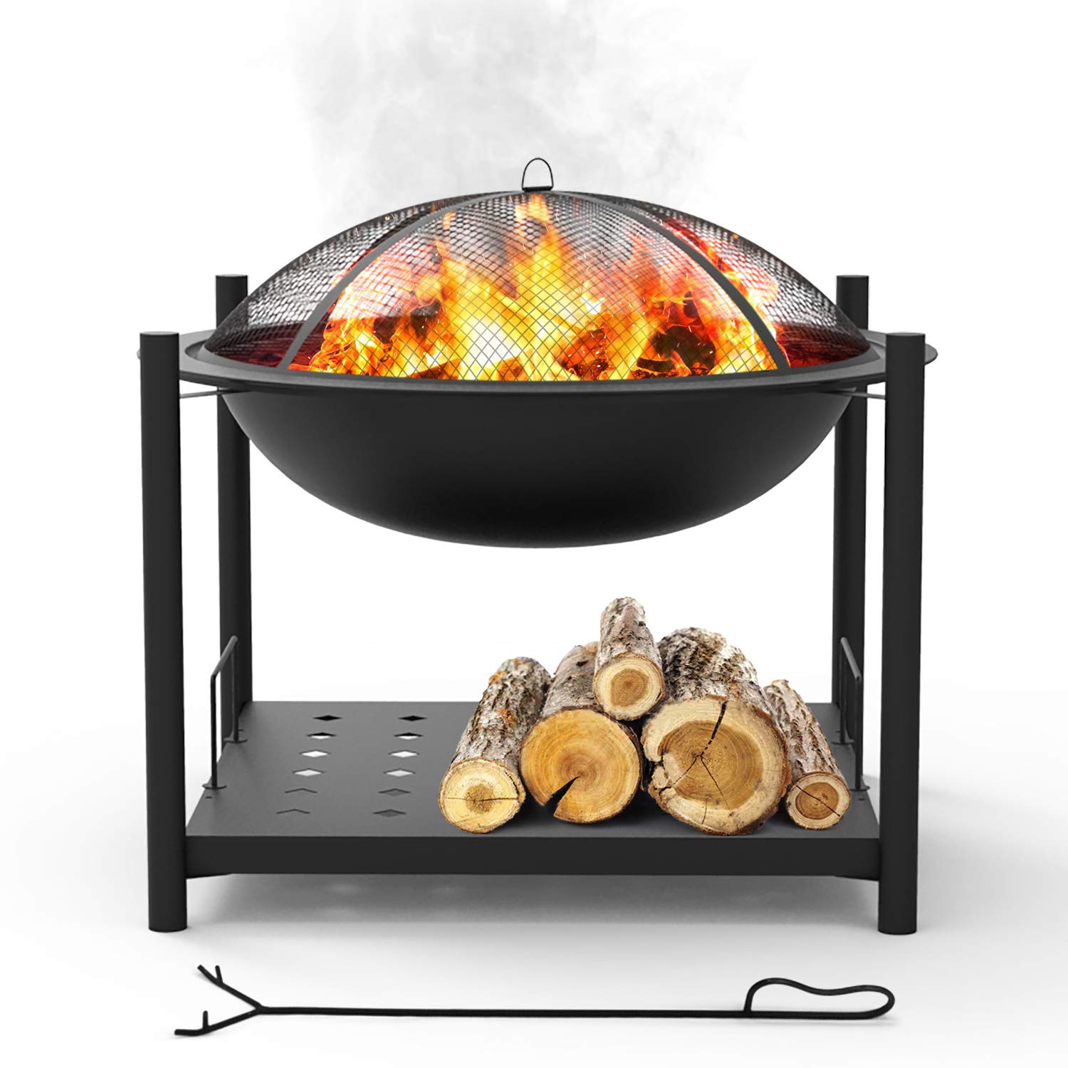 SereneLife Portable Outdoor Wood Fire Pit - 2-in-1 Steel BBQ Grill 26" Wood Burning Fire Pit Bowl w/ Mesh Spark Screen, Cover Log Grate, Wood Fire Poker for Camping, Picnic, Bonfire SLCARFP54.5