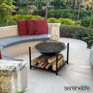 SereneLife Portable Outdoor Wood Fire Pit - 2-in-1 Steel BBQ Grill 26" Wood Burning Fire Pit Bowl w/ Mesh Spark Screen, Cover Log Grate, Wood Fire Poker for Camping, Picnic, Bonfire SLCARFP54.5