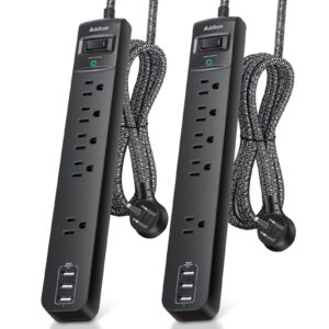 2 pack power strip surge protector - 5 widely spaced outlets 3 usb charging ports, 1875w/15a with 6ft braided extension cord, flat plug, overload surge protection, wall mount for home office