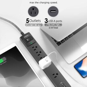 2 Pack Power Strip Surge Protector - 5 Widely Spaced Outlets 3 USB Charging Ports, 1875W/15A with 6Ft Braided Extension Cord, Flat Plug, Overload Surge Protection, Wall Mount for Home Office