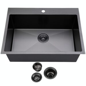 shaco 33 inch black kitchen sink drop in, 33x22 large top mount gunmetal black farmhouse sink, single bowl basin 16 gauge sus304 stainless steel wet bar prep sink