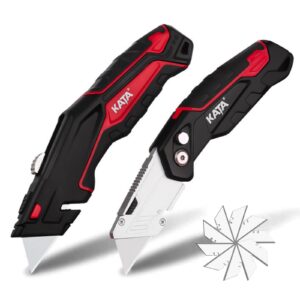 kata 2-pack heavy duty utility knife, quick change blade, retractable and folding box cutter for cartons, cardboard and boxes with 10pcs sk5 sharp blades included, blade storage design, red