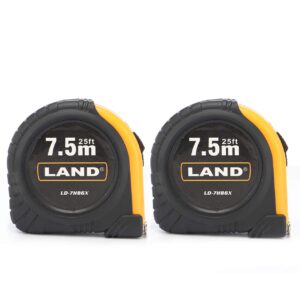 land 25ft retractable measuring tape - 2 pack heavy duty tape measure, inch/metric double scale, sturdy matte blade, magnetic hook for measurement alone, tpr rubber protective case (25ft(2 pack))