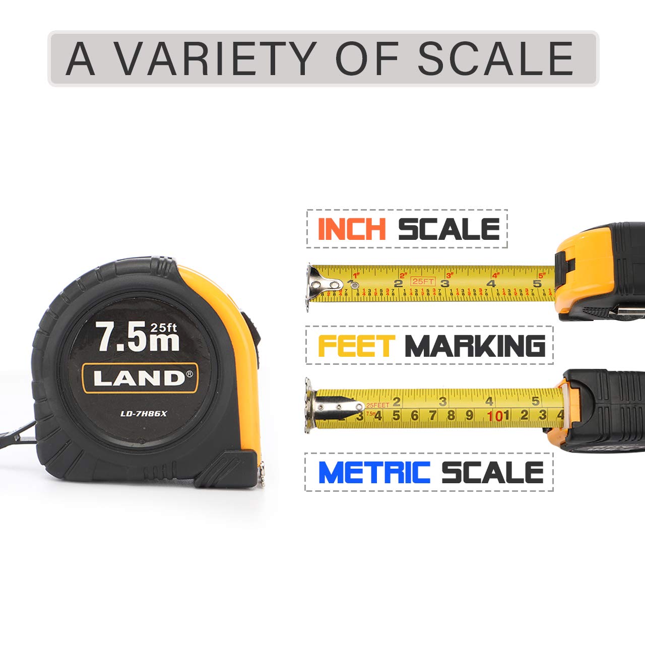 LAND 25Ft Retractable Measuring Tape - 2 Pack Heavy Duty Tape Measure, Inch/Metric Double Scale, Sturdy Matte Blade, Magnetic Hook For Measurement Alone, TPR Rubber Protective Case (25FT(2 PACK))