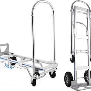 Hihone 880lbs Aluminum Hand Truck, 2 in 1 Heavy Duty Convertible Folding Hand Truck, with 10" Rubber Pneumatic Wheels, Assisted Hand Truck Flatform Cart