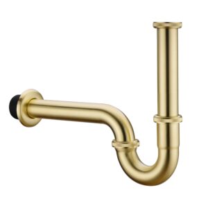 orhemus brass p trap, 1 1/4 bathroom basin sink waste trap drain kit with flange and slip joint extension tube drain tailpiece, adjustable height, brushed gold brass finish