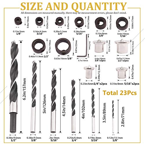 Swpeet 23Pcs 3mm -16mm (Approx 1/8", 3/16", 1/4", 5/16", 3/8", 1/2") Dowel and Tenon Center Set with Brad Point Drill Bit Set, 8Pcs Center Dowel Pins and 8Pcs Drill Stop Set