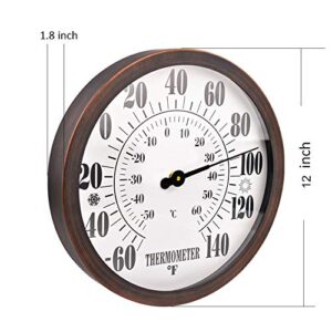 12" Indoor Outdoor Thermometer Decorative - Waterproof Garden Wall Thermometer for Patio, Large Number Thermometer with Stainless Steel Enclosure, No Battery Needed Hanging Thermometer