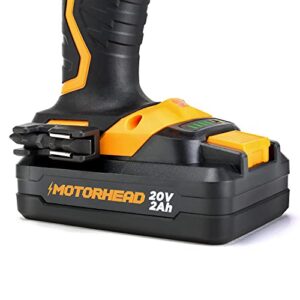 MOTORHEAD 20V ULTRA Cordless Drill Driver, Lithium-Ion, ½” Keyless Chuck, 16+1+1 Clutch, 2-Speed Transmission, Variable Speed Trigger, Built-in LED, 2Ah Battery, Charger, 22 Accessory Bits, USA-Based