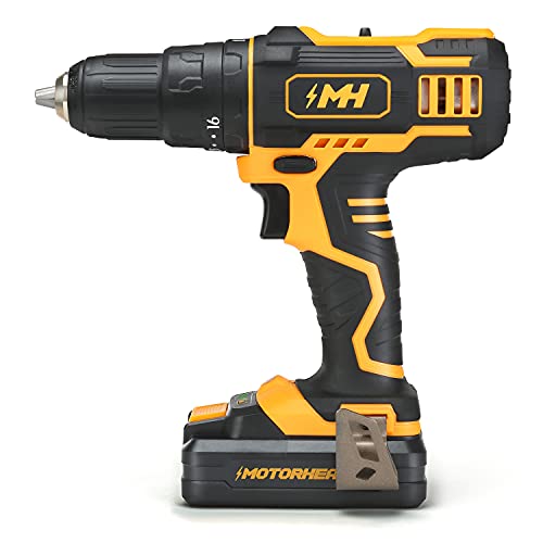 MOTORHEAD 20V ULTRA Cordless Drill Driver, Lithium-Ion, ½” Keyless Chuck, 16+1+1 Clutch, 2-Speed Transmission, Variable Speed Trigger, Built-in LED, 2Ah Battery, Charger, 22 Accessory Bits, USA-Based