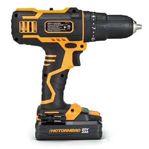 MOTORHEAD 20V ULTRA Cordless Drill Driver, Lithium-Ion, ½” Keyless Chuck, 16+1+1 Clutch, 2-Speed Transmission, Variable Speed Trigger, Built-in LED, 2Ah Battery, Charger, 22 Accessory Bits, USA-Based