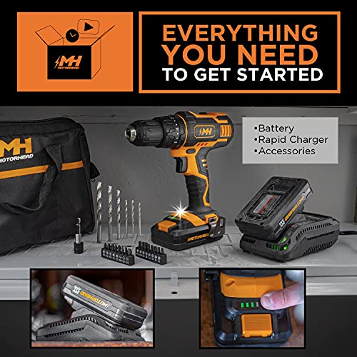 MOTORHEAD 20V ULTRA Cordless Drill Driver, Lithium-Ion, ½” Keyless Chuck, 16+1+1 Clutch, 2-Speed Transmission, Variable Speed Trigger, Built-in LED, 2Ah Battery, Charger, 22 Accessory Bits, USA-Based