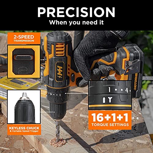 MOTORHEAD 20V ULTRA Cordless Drill Driver, Lithium-Ion, ½” Keyless Chuck, 16+1+1 Clutch, 2-Speed Transmission, Variable Speed Trigger, Built-in LED, 2Ah Battery, Charger, 22 Accessory Bits, USA-Based