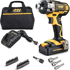 MOTORHEAD 20V ULTRA Cordless Impact Driver Kit, Lithium-Ion, ¼” All-Metal Hex Chuck, Tri-Beam LED, Variable Speed Trigger, 2Ah Battery & Quick Charger, Bag, 16 Accessory Bits, 3 Nut Drivers, USA-Based