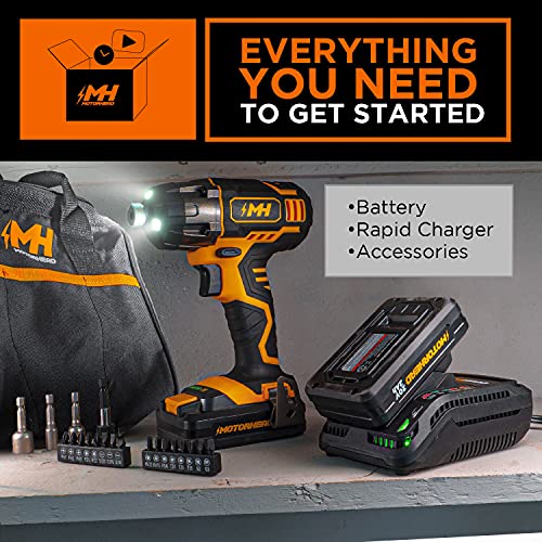 MOTORHEAD 20V ULTRA Cordless Impact Driver Kit, Lithium-Ion, ¼” All-Metal Hex Chuck, Tri-Beam LED, Variable Speed Trigger, 2Ah Battery & Quick Charger, Bag, 16 Accessory Bits, 3 Nut Drivers, USA-Based