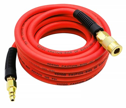 YOTOO Hybrid Air Hose 1/4-Inch by 25-Feet 300 PSI Heavy Duty, Lightweight, Kink Resistant, All-Weather Flexibility with 1/4-Inch Industrial Quick Coupler Fittings, Bend Restrictors, Red