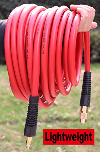 YOTOO Hybrid Air Hose 1/4-Inch by 25-Feet 300 PSI Heavy Duty, Lightweight, Kink Resistant, All-Weather Flexibility with 1/4-Inch Industrial Quick Coupler Fittings, Bend Restrictors, Red