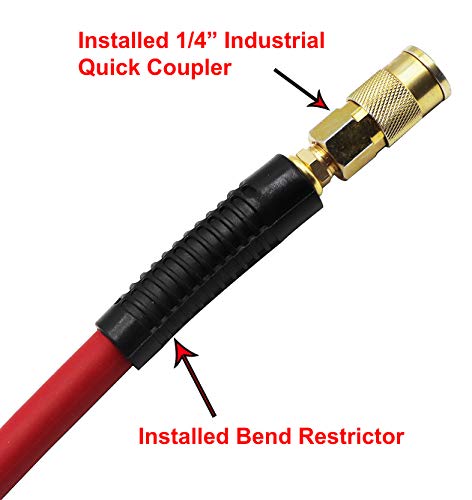 YOTOO Hybrid Air Hose 1/4-Inch by 25-Feet 300 PSI Heavy Duty, Lightweight, Kink Resistant, All-Weather Flexibility with 1/4-Inch Industrial Quick Coupler Fittings, Bend Restrictors, Red