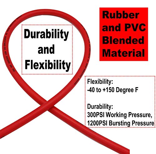 YOTOO Hybrid Air Hose 1/4-Inch by 25-Feet 300 PSI Heavy Duty, Lightweight, Kink Resistant, All-Weather Flexibility with 1/4-Inch Industrial Quick Coupler Fittings, Bend Restrictors, Red