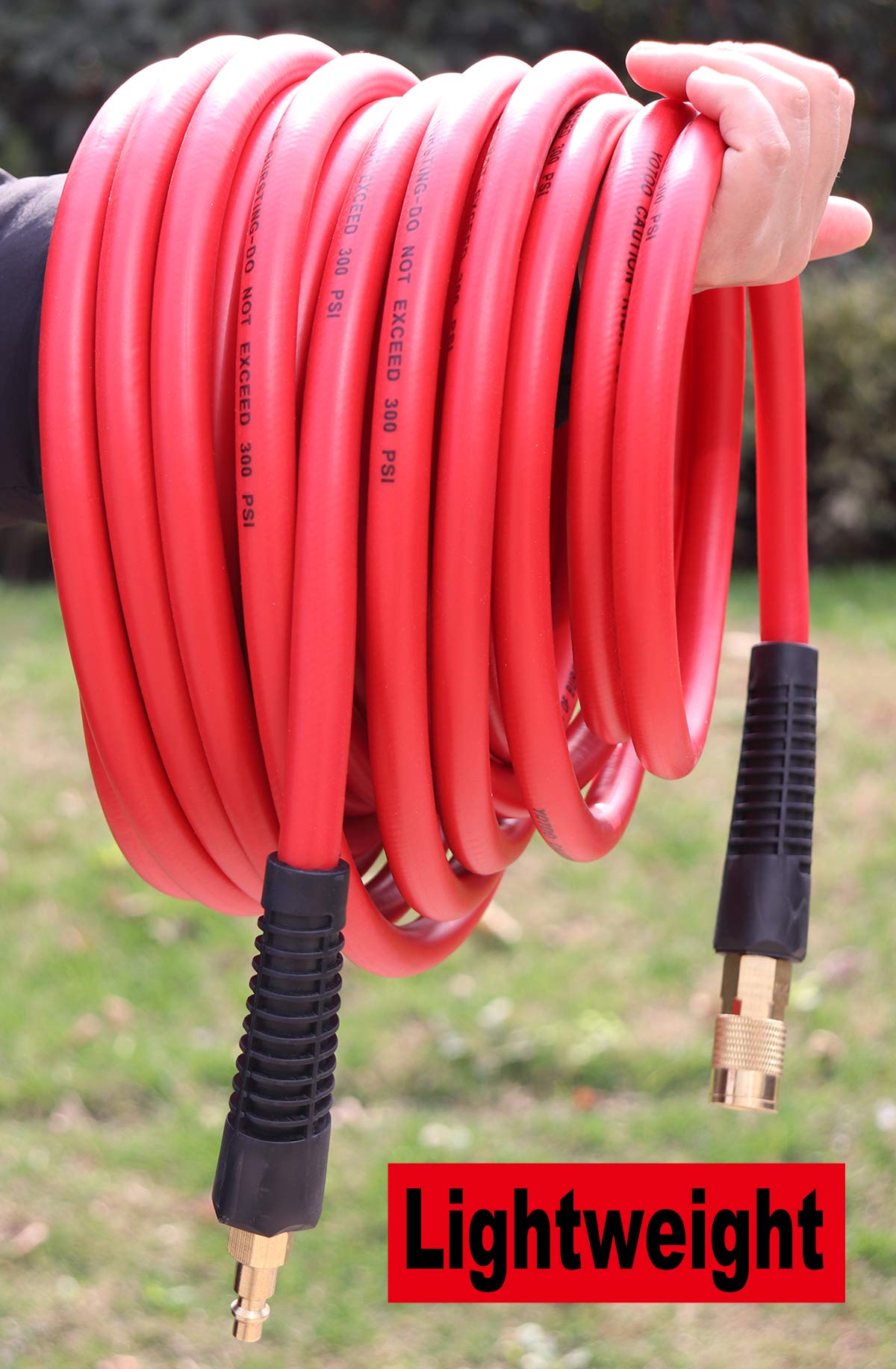 YOTOO Hybrid Air Hose 3/8-Inch by 50-Feet 300 PSI Heavy Duty, Lightweight, Kink Resistant, All-Weather Flexibility with 1/4-Inch Brass Male Fittings, Bend Restrictors, Red