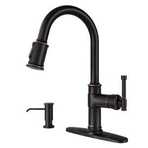 antique oil rubbed bronze kitchen sink faucet with soap dispenser, dayone pull down farmhouse faucet for sink with 3 mode sprayer, single handle high arc, day-aps136-orb