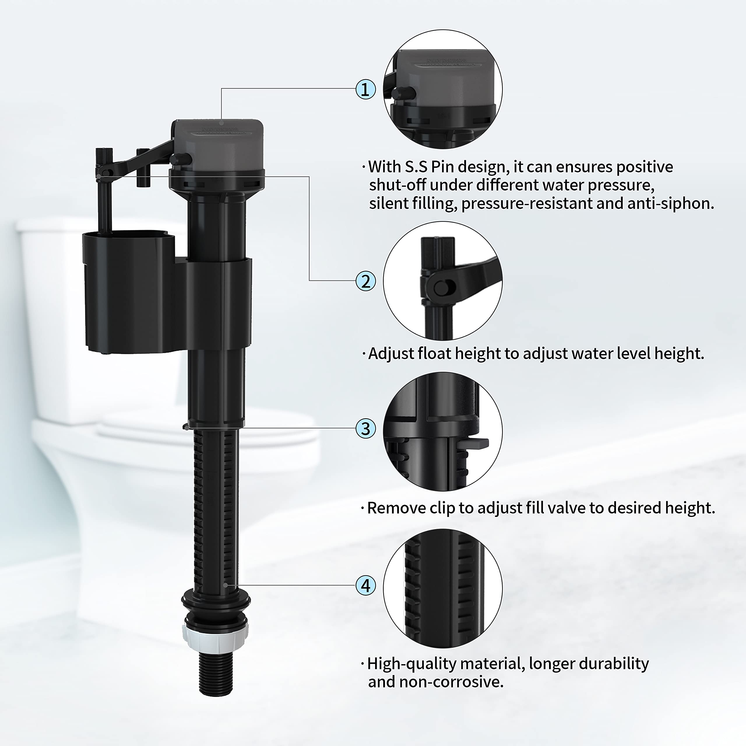 R&T A1250L Toilet Fill Valve Toilet Tank Parts Replacement Running Toilet Repair Kit Quiet Fill Anti-Siphon