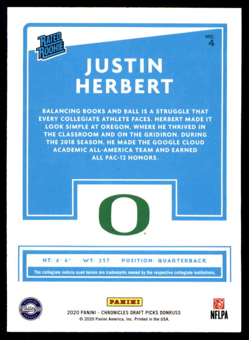 Football NFL 2020 Panini Chronicles Draft Picks Donruss Rated Rookies Draft Picks #4 Justin Herbert