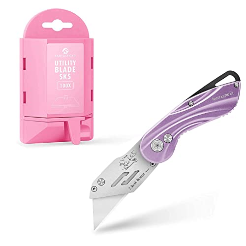 FantastiCAR Purple Folding Utility Knife Gift Box Cutter Lightweight StreamlineType Body and 100 SK5 Blades Dispenser Storage