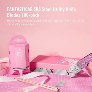 FantastiCAR Purple Folding Utility Knife Gift Box Cutter Lightweight StreamlineType Body and 100 SK5 Blades Dispenser Storage