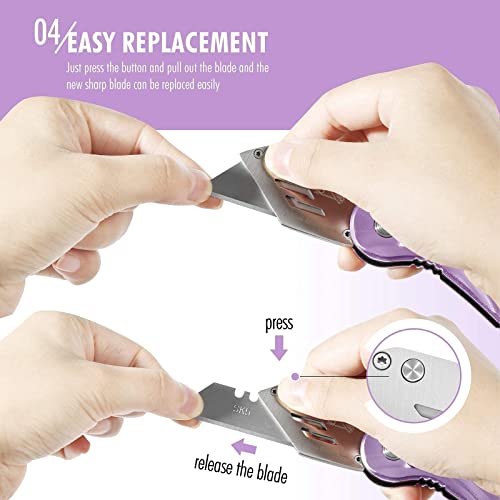 FantastiCAR Purple Folding Utility Knife Gift Box Cutter Lightweight StreamlineType Body and 100 SK5 Blades Dispenser Storage