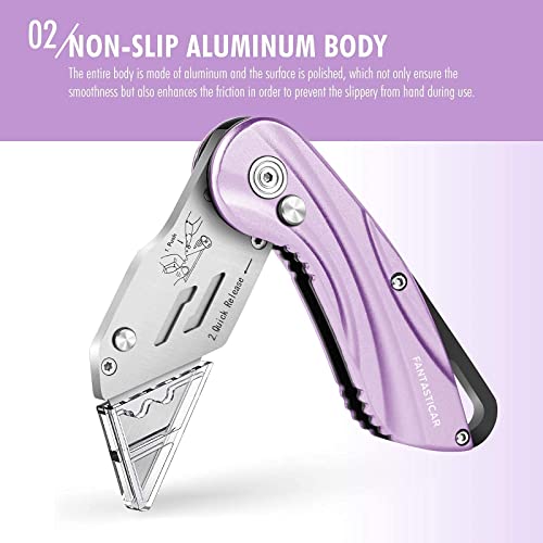 FantastiCAR Purple Folding Utility Knife Gift Box Cutter Lightweight StreamlineType Body and 100 SK5 Blades Dispenser Storage