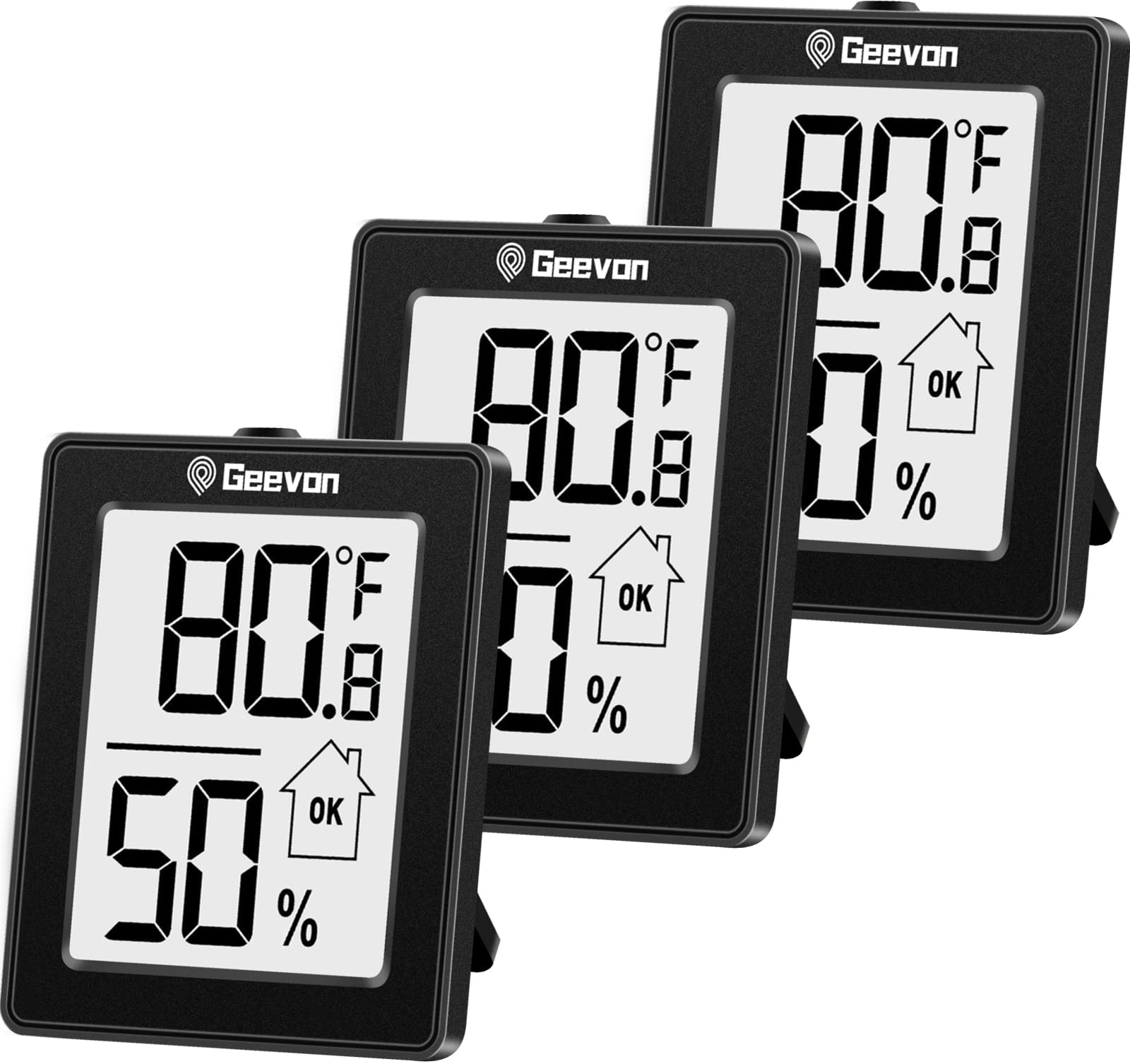 Geevon Digital Hygrometer, 3 Pack Indoor Thermometer Room Temperature Humidity Gauge with Battery,Digital Temperature Humidity Meter Indicator for Home, Office, Greenhouse, Mini Hygrometer,Black