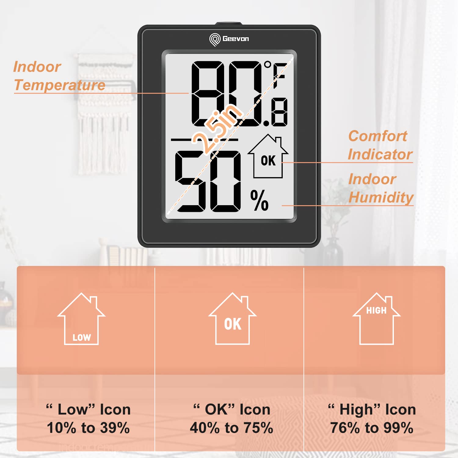 Geevon Digital Hygrometer, 3 Pack Indoor Thermometer Room Temperature Humidity Gauge with Battery,Digital Temperature Humidity Meter Indicator for Home, Office, Greenhouse, Mini Hygrometer,Black