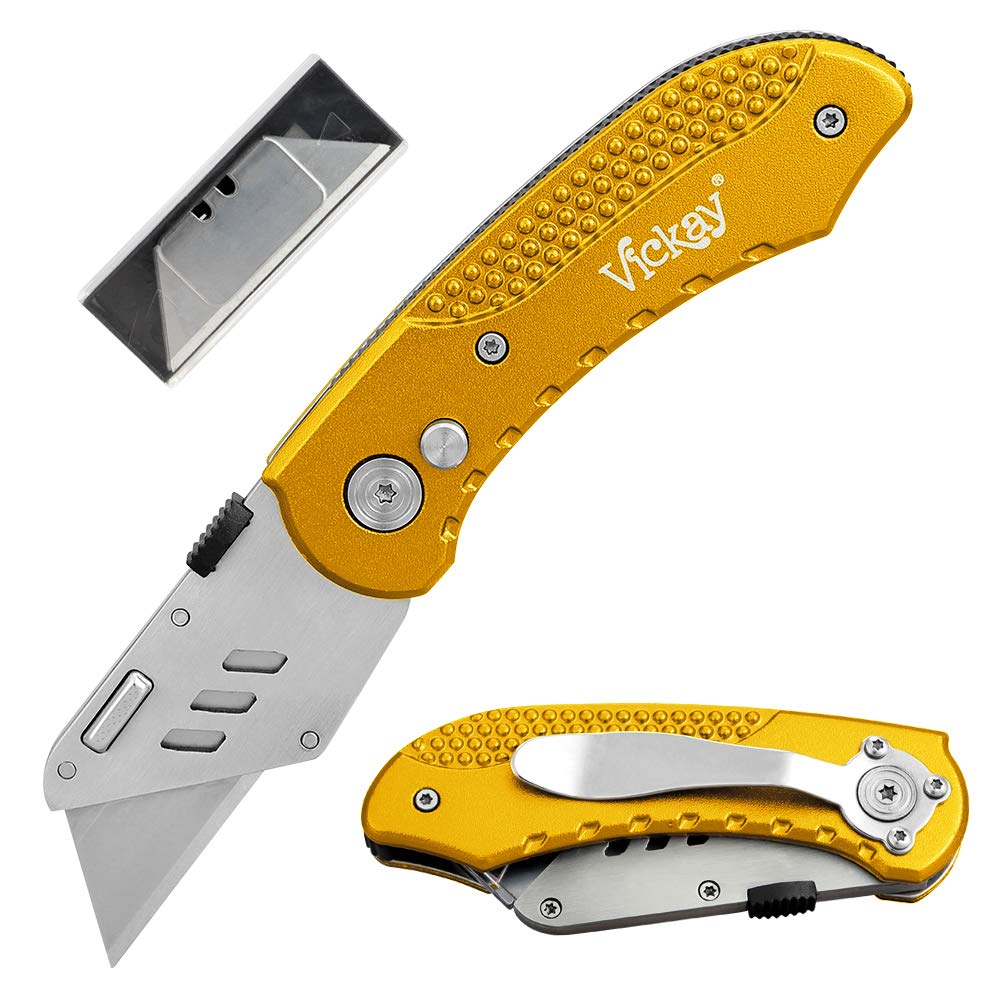 Vickay Folding Utility Knife Box Cutter Utility Blades Heavy Duty with 5 SK5 Quick Change Blades, Safety Axis Lock Design Razor Knife, Lightweight Aluminum Body Belt Clip for Office