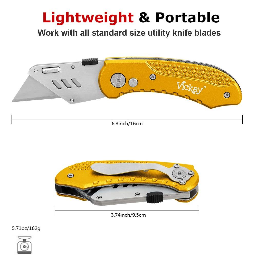 Vickay Folding Utility Knife Box Cutter Utility Blades Heavy Duty with 5 SK5 Quick Change Blades, Safety Axis Lock Design Razor Knife, Lightweight Aluminum Body Belt Clip for Office