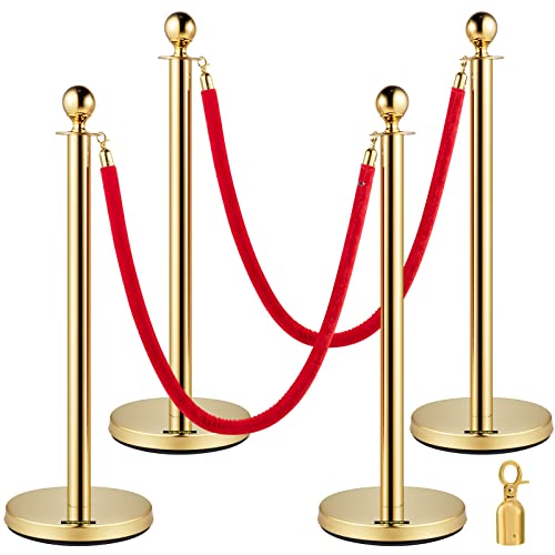 VEVOR Velvet Ropes and Posts, 5 ft Red Velvet Rope, Stanchion Post, Crowd Control Barriers Gold Stanchions, Red Carpet Poles Rubber Base, Crowd Control Ropes and Poles for Party (38, Gold, 4)