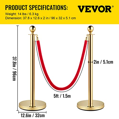 VEVOR Velvet Ropes and Posts, 5 ft Red Velvet Rope, Stanchion Post, Crowd Control Barriers Gold Stanchions, Red Carpet Poles Rubber Base, Crowd Control Ropes and Poles for Party (38, Gold, 4)