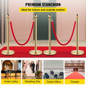 VEVOR Velvet Ropes and Posts, 5 ft Red Velvet Rope, Stanchion Post, Crowd Control Barriers Gold Stanchions, Red Carpet Poles Rubber Base, Crowd Control Ropes and Poles for Party (38, Gold, 4)