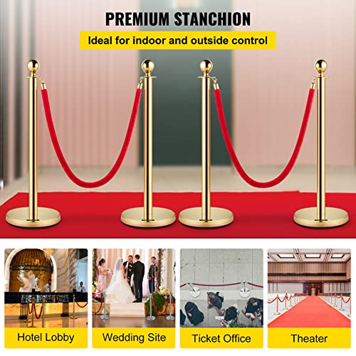 VEVOR Velvet Ropes and Posts, 5 ft Red Velvet Rope, Stanchion Post, Crowd Control Barriers Gold Stanchions, Red Carpet Poles Rubber Base, Crowd Control Ropes and Poles for Party (38, Gold, 4)